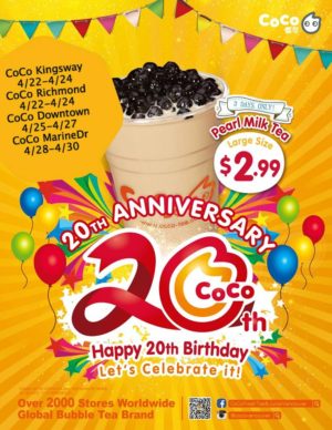 CoCo 20th Anniversary Deal: $2.99 Large Pearl Milk Tea | Foodgressing