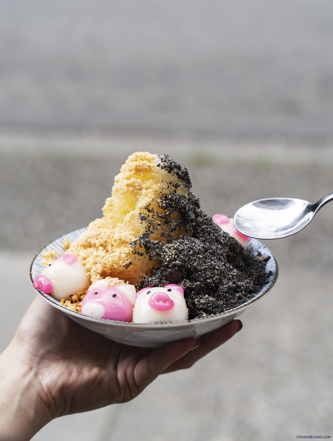 Little Pig Mochis with Peanut and Black Sesame Powder on Shaved Ice