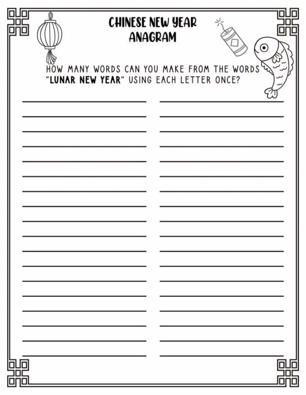Chinese New Year Printables Free: Colouring Pages, Word Search, Bingo