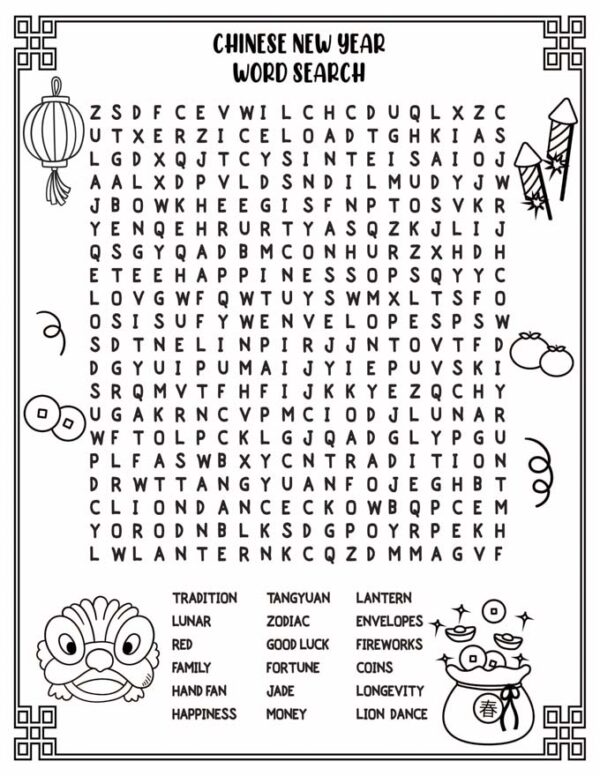 Chinese New Year Printables Free: Colouring Pages, Word Search, Bingo