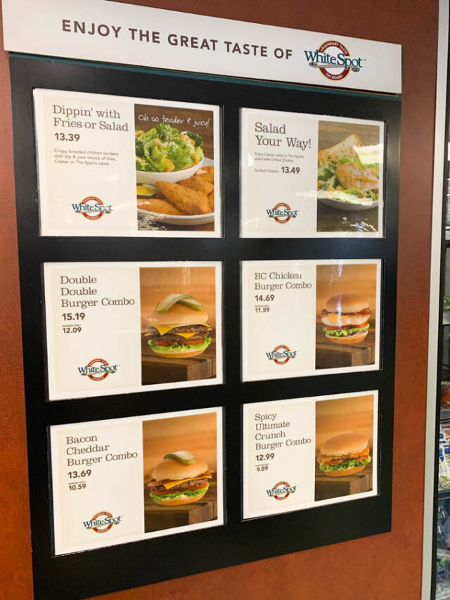 BC Ferries Coastal Cafe Menu, White Spot, Self-Serve, Food and Drinks