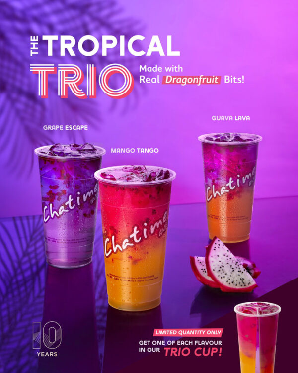 Chatime Trio Cup, Mango Tango, Guava Lava, Grape Escape