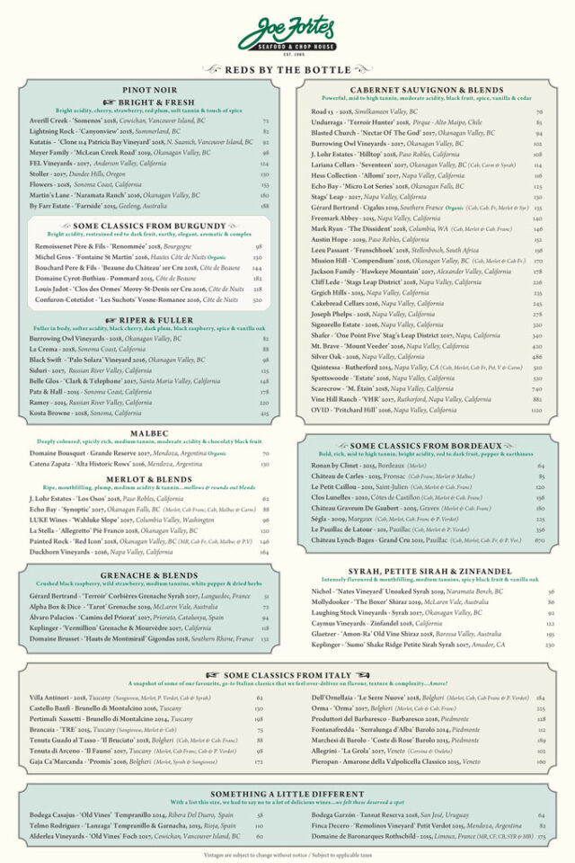 Joe Fortes Whistler Now Open: Seafood and Chop House, Menus