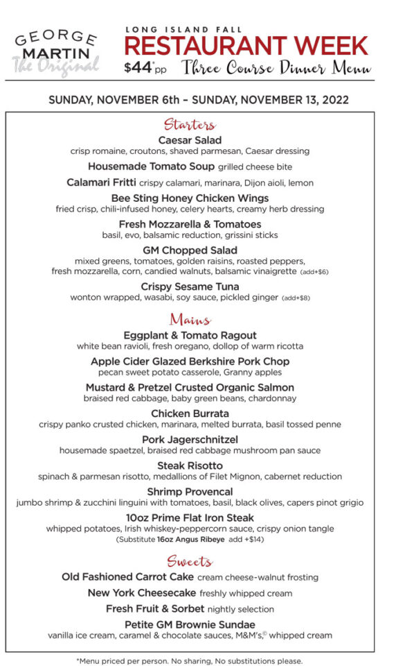 Long Island Restaurant Week 2022 Fall: Menus Highlights, Dates