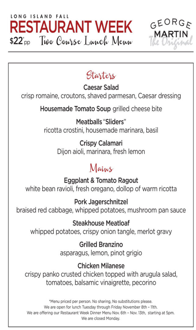 Long Island Restaurant Week 2022 Fall: Menus Highlights, Dates