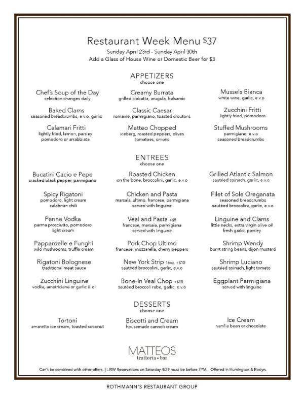 Long Island Restaurant Week 2023 - Spring: Menus, Dates