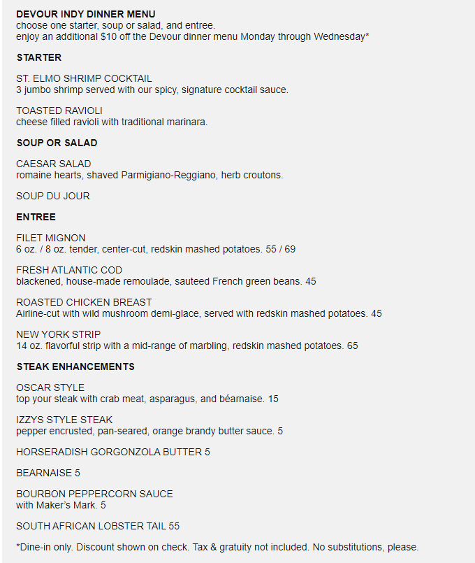 Devour Indy Restaurant Weeks 2023 - Indianapolis: Menus, Dates