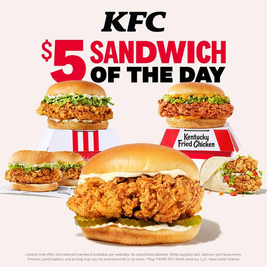 KFC Canada $5 Sandwich of the Day on until July 1 - Foodgressing