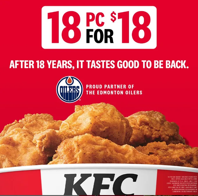 KFC Edmonton 18 for $18 offer on Oilers game day - Foodgressing